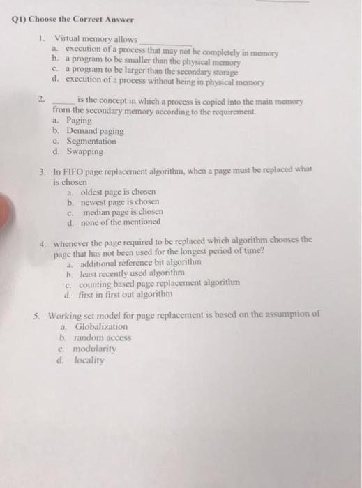 Solved Q1) Choose the Correet Answer 1. Virtual memory | Chegg.com