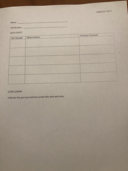 RANSOM NOTE Name: Lab Section: DATA SHEET Distance | Chegg.com