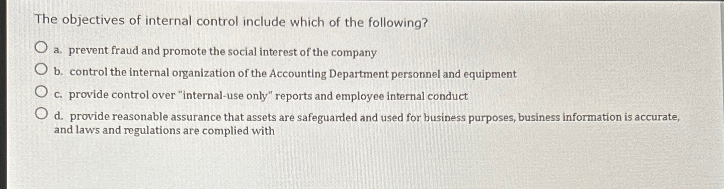 Solved The objectives of internal control include which of | Chegg.com