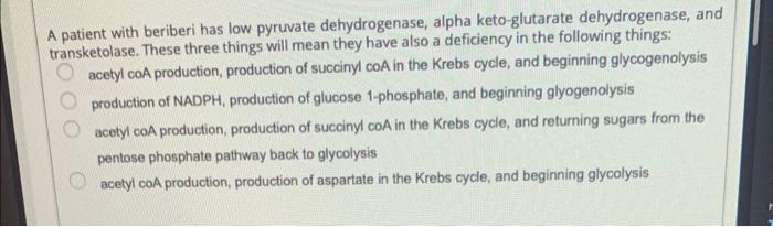 Solved A patient with beriberi has low pyruvate | Chegg.com