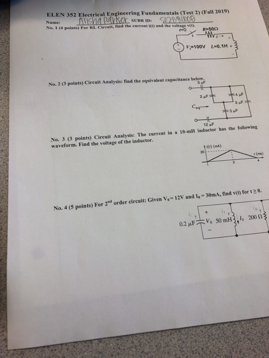 Solved ELEN 352 Electrical Engineering Fundamentals (Test 2) | Chegg.com