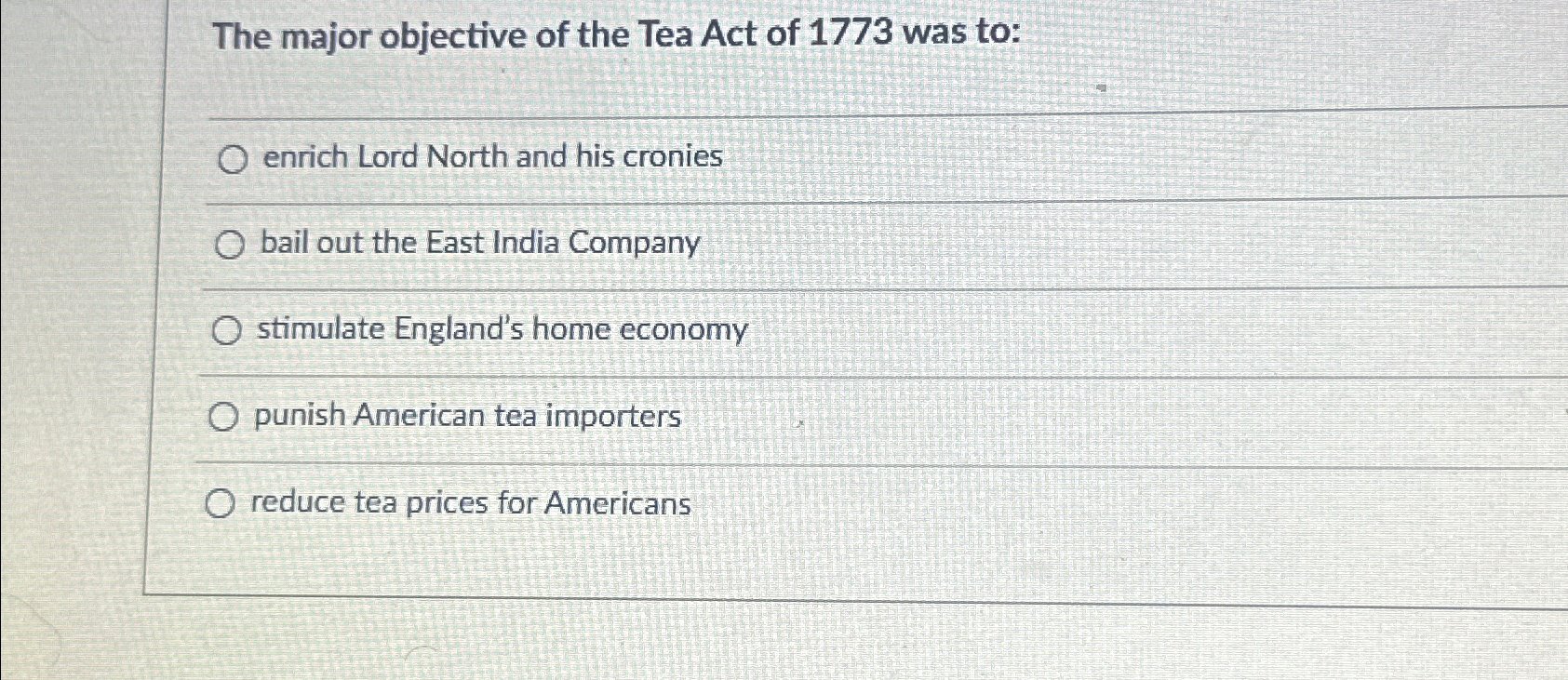 Solved The major objective of the Tea Act of 1773 ﻿was | Chegg.com