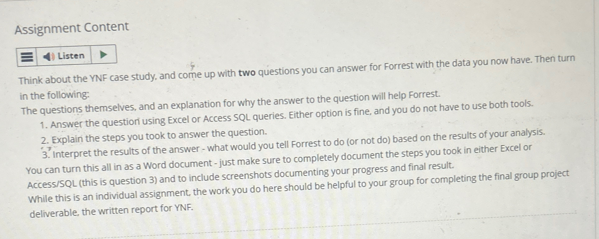 Solved Assignment ContentListenThink about the YNF case | Chegg.com