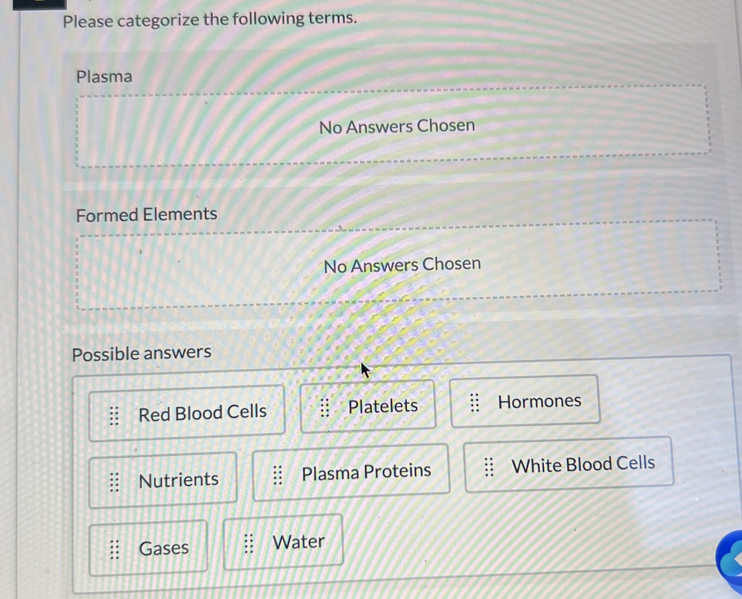 Solved Please categorize the following terms.PlasmaNo | Chegg.com