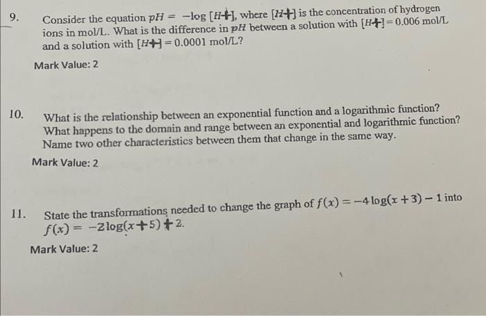 Solved Consider the equation pH=−log[H+], where [H+] is the | Chegg.com