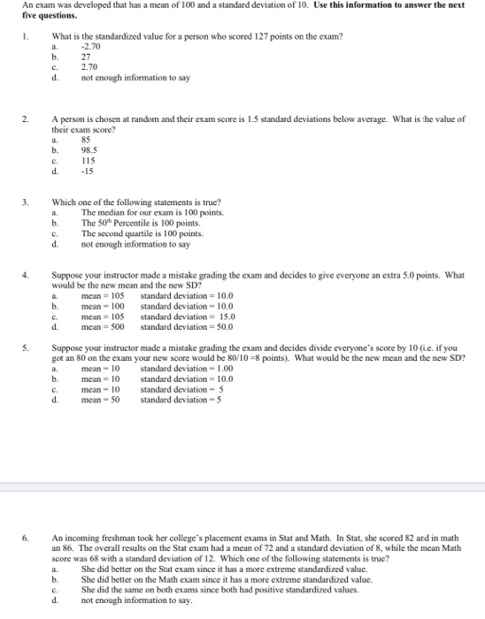 Solved An exam was developed that has a mean of 100 and a | Chegg.com