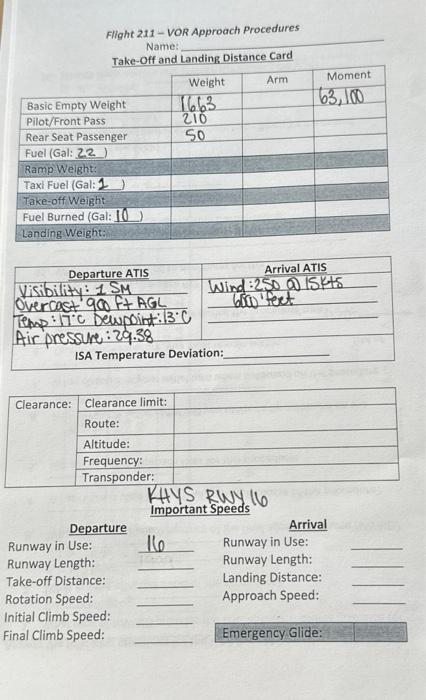 Flight 211 -VOR Approach Procedures Name: Take-Off | Chegg.com