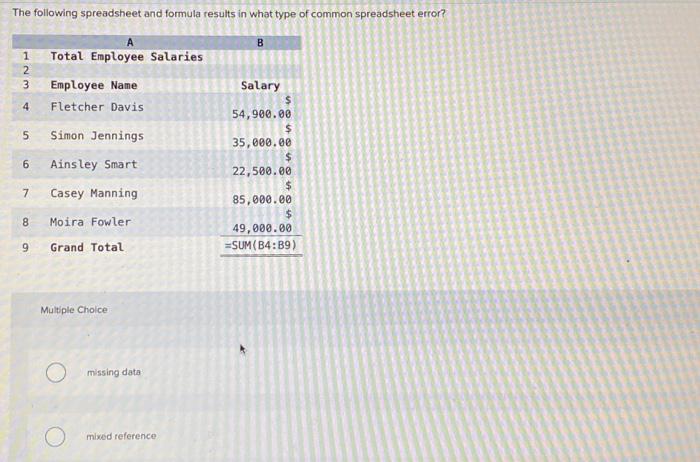 Solved The following spreadsheet and formula results in what | Chegg.com