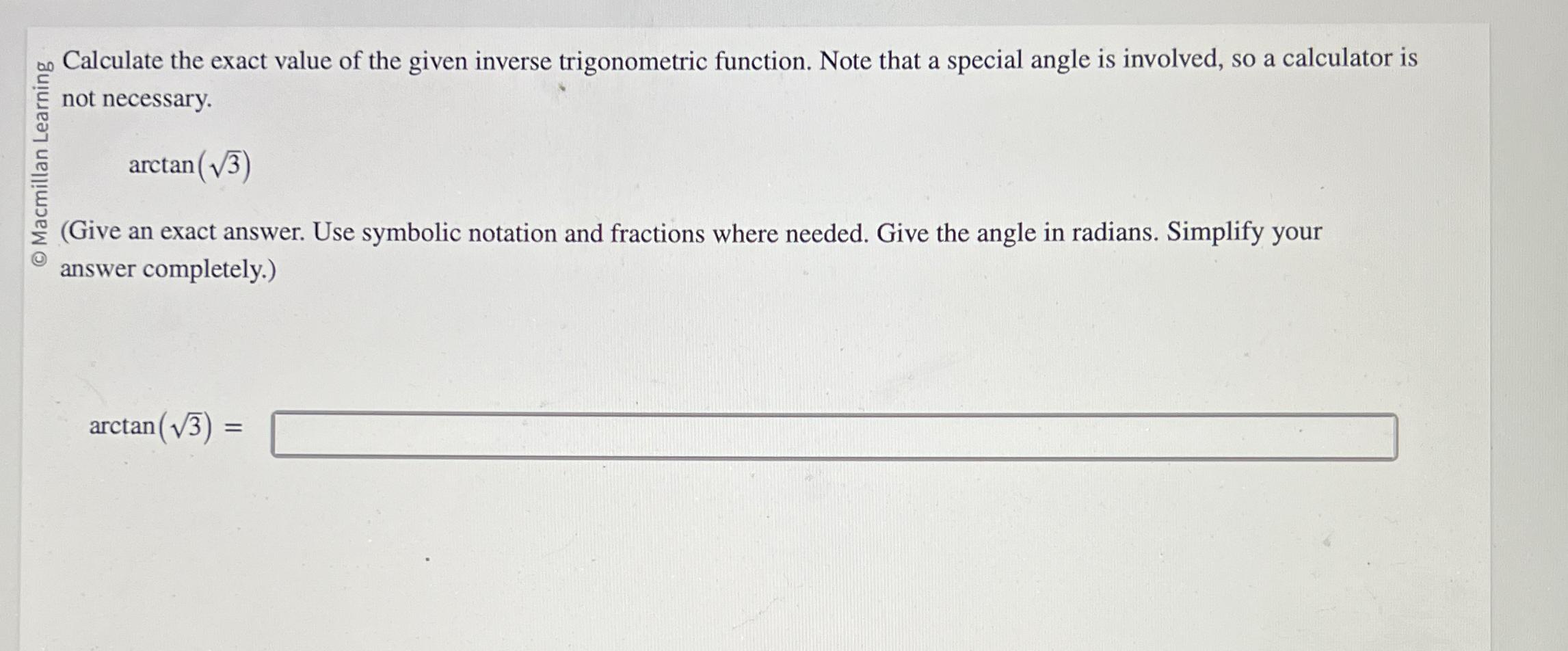 Solved Calculate the exact value of the given inverse | Chegg.com