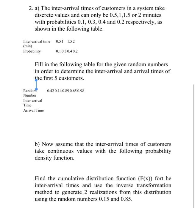 Solved 2. a) The inter-arrival times of customers in a | Chegg.com