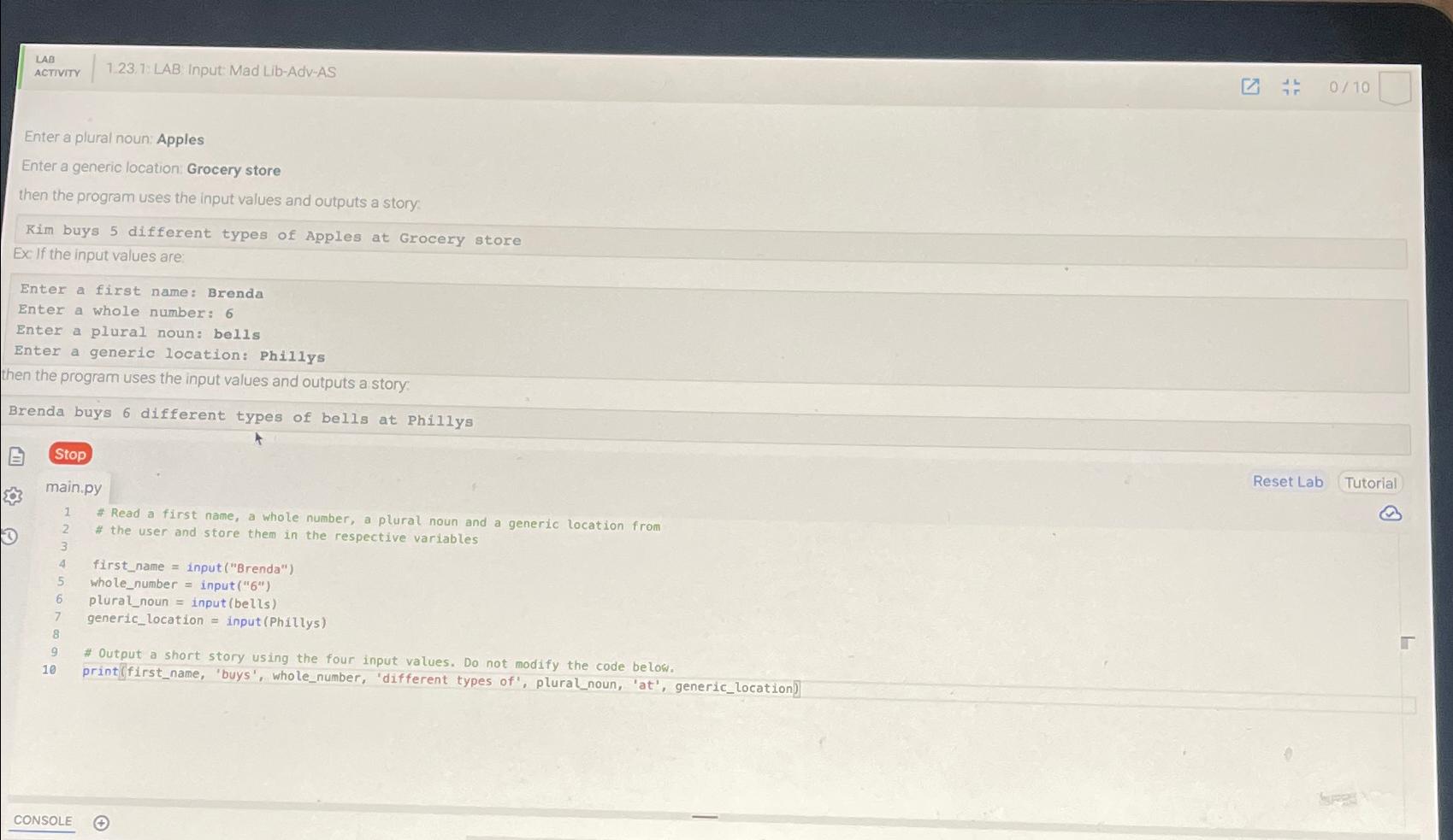 Solved LABACTIVITY1.23.1: LAB input Mad Lib-Adv-ASEnter a | Chegg.com