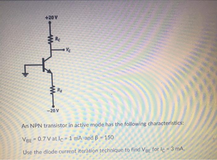Solved +20 V w Rc Vc RE - 20 V An NPN transistor in active | Chegg.com