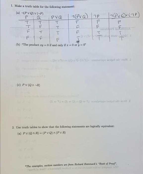 Solved 1. Make a truth table for the following statement: | Chegg.com