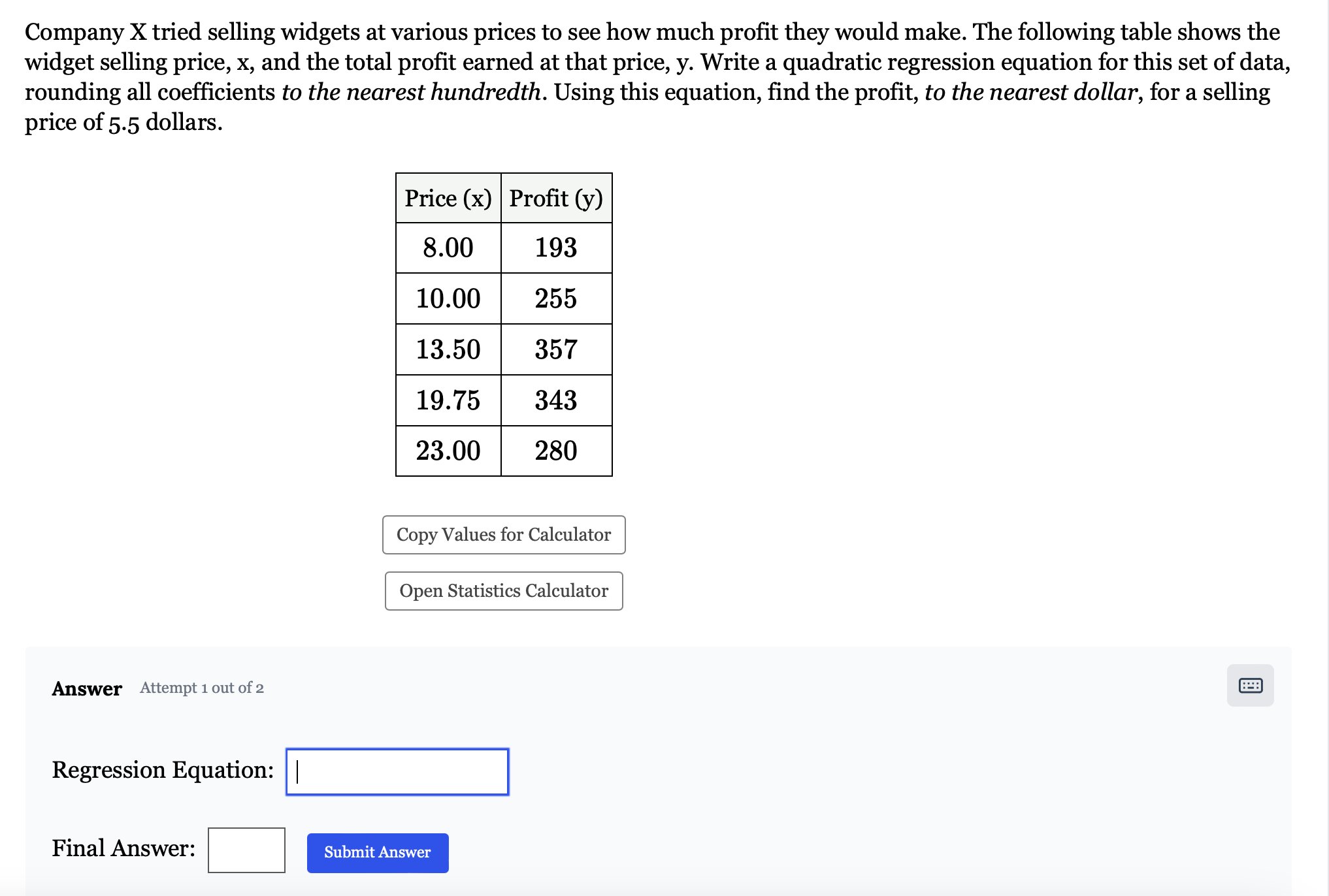 Solved Company X tried selling widgets at various prices to | Chegg.com