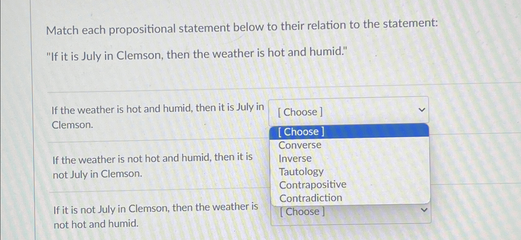 Solved Match each propositional statement below to their | Chegg.com