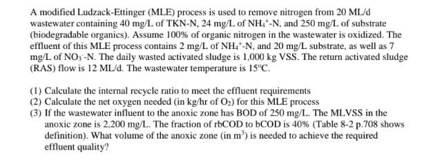 Solved A modified Ludzack-Ettinger (MLE) process is used to | Chegg.com