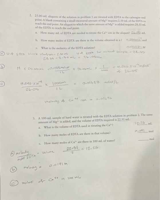 Solved 2. 25.00−ml aliquots of the solution in problem 1 ate | Chegg.com
