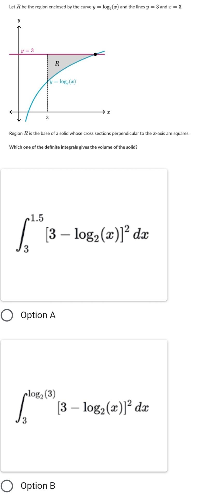 Solved Let R be the region enclosed by the curve y=log2(x) | Chegg.com