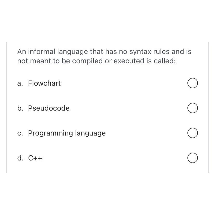 Solved An informal language that has no syntax rules and is | Chegg.com