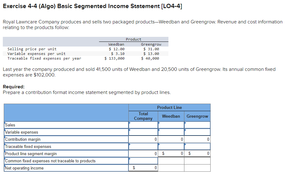 Solved Exercise 4-4 (Algo) ﻿Basic Segmented Income Statement | Chegg.com