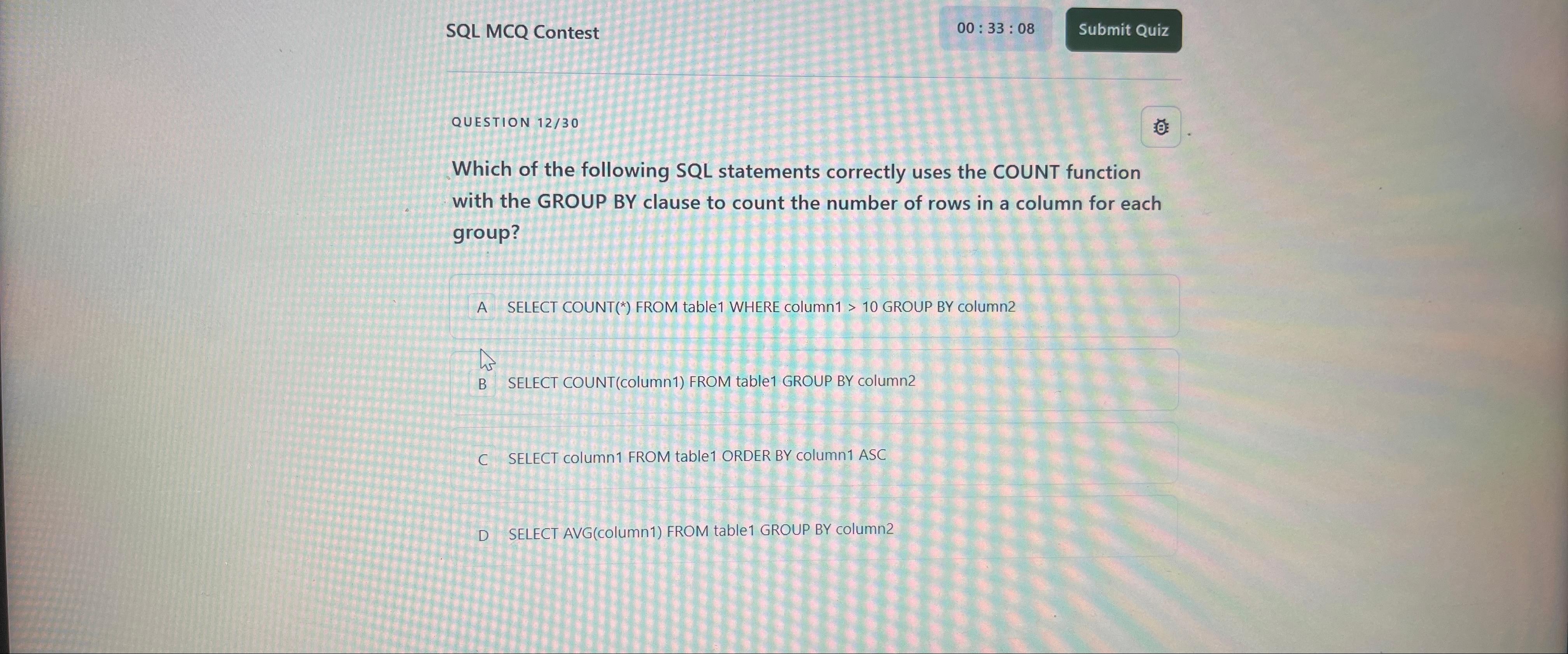 Solved SQL MCQ Contest00:33:08QUESTION 1230Which of the | Chegg.com
