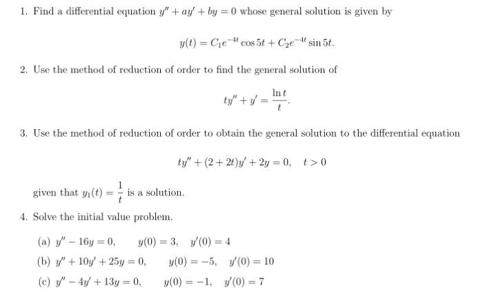Solved 1. Find a differential equation y′′+ay′+by=0 whose | Chegg.com