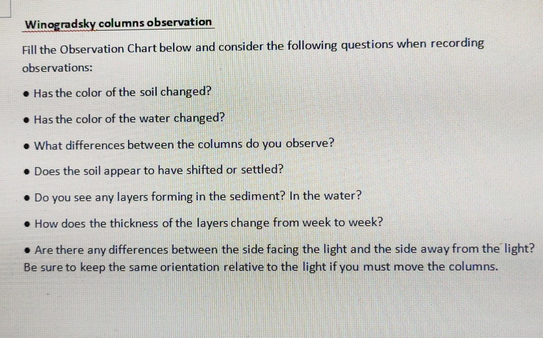 Solved Winogradsky columns observation Fill the Observation | Chegg.com