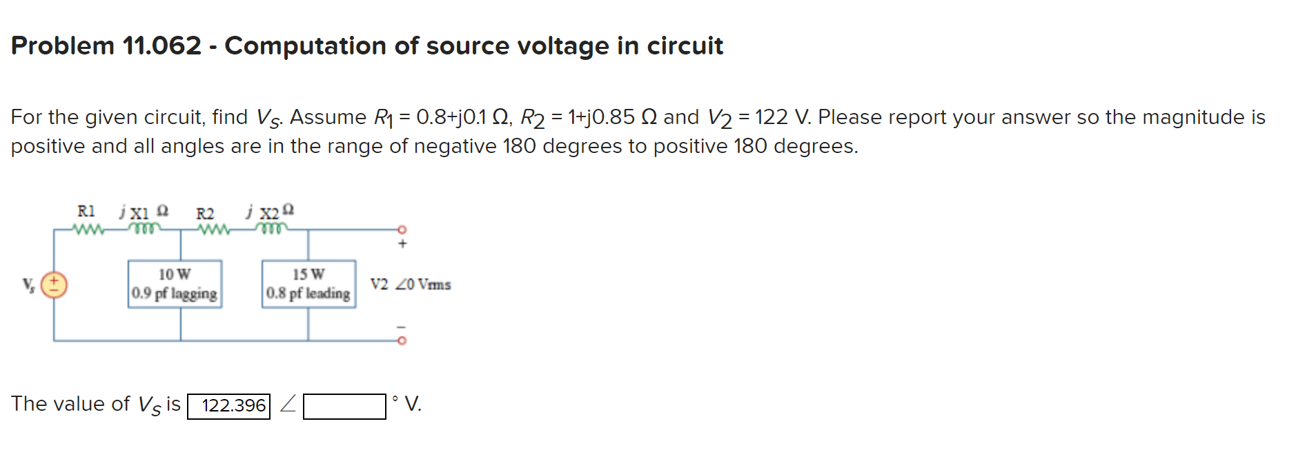 Solved Problem 11.062 - ﻿Computation of source voltage in | Chegg.com