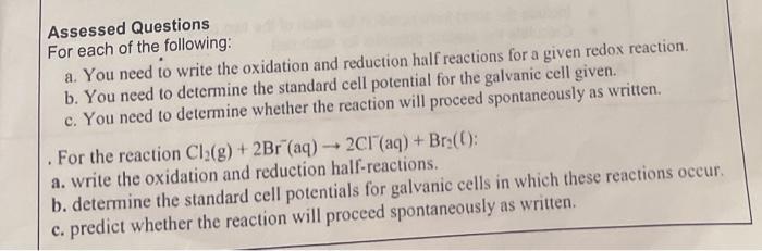 Solved Assessed Questions Using the Half-Reaction Method, | Chegg.com