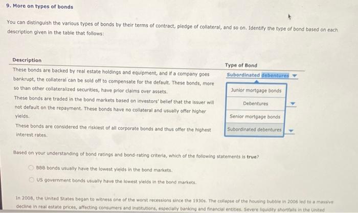 Solved 9. More on types of bonds You can distinguish the | Chegg.com