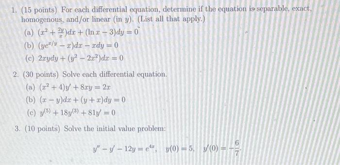 Solved 1. (15 points) For each differential equation, | Chegg.com