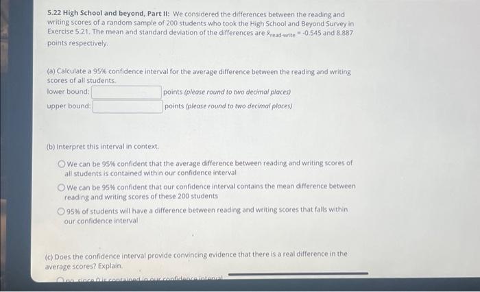 Solved 5.22 High School and beyond, Part II: We considered | Chegg.com