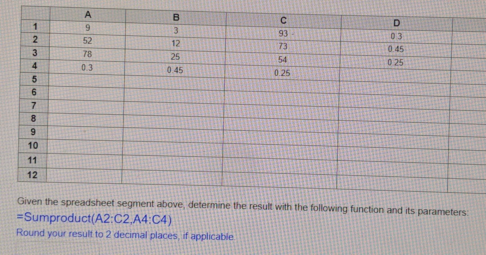 Solved Given the spreadsheet segment above, determine the | Chegg.com