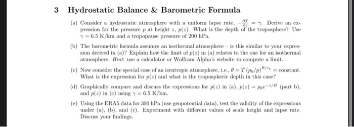 3 Hydrostatic Balance & Barometric Formula (a) | Chegg.com