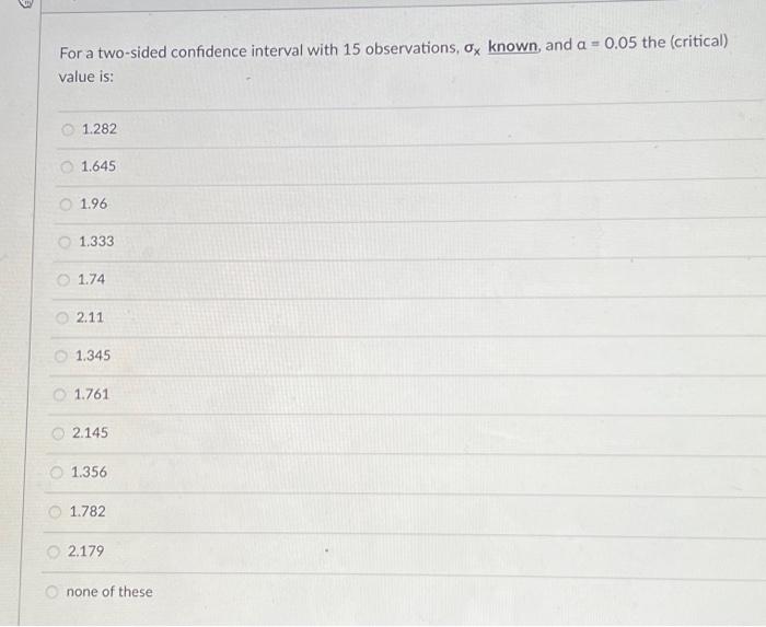 Solved For a two-sided confidence interval with 15 | Chegg.com