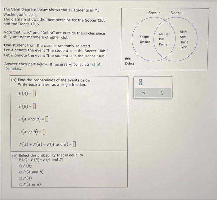 Solved The Venn diagram below shows the 11 students in Ms. | Chegg.com