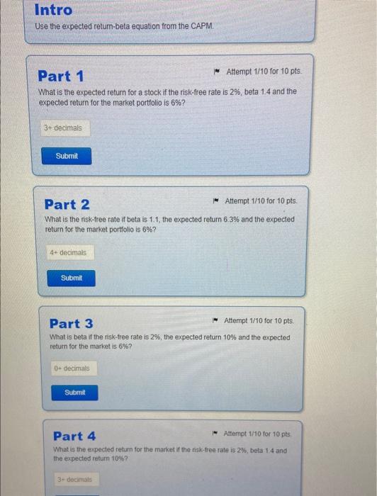 Solved Intro Use the expected retum-beta equation from the | Chegg.com