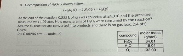 Solved 3. Decomposition of H2O, is shown below | Chegg.com
