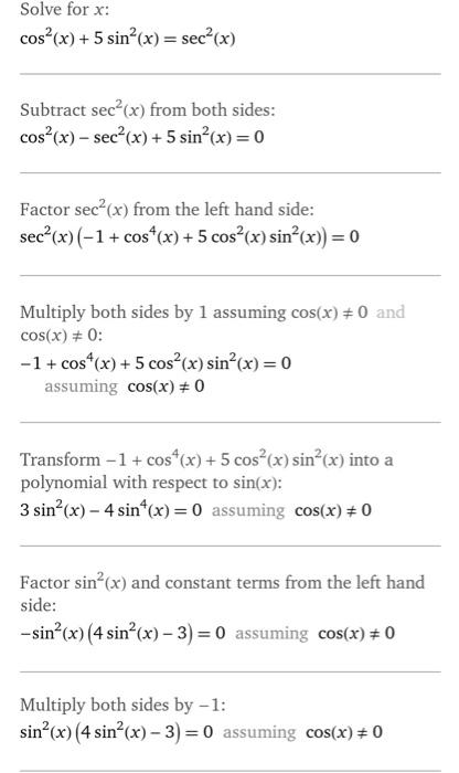 Solved Solve for x: cos(x) + 5 sin(x) = sec(x) = Subtract | Chegg.com