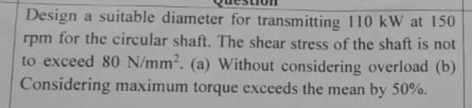 Solved Design a suitable diameter for transmitting 110 ﻿kW | Chegg.com