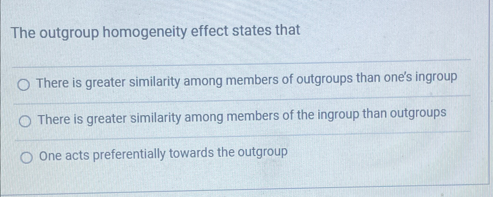 Solved The outgroup homogeneity effect states that ﻿There | Chegg.com