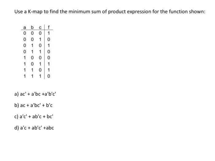 Solved Use a K-map to find the minimum sum of product | Chegg.com