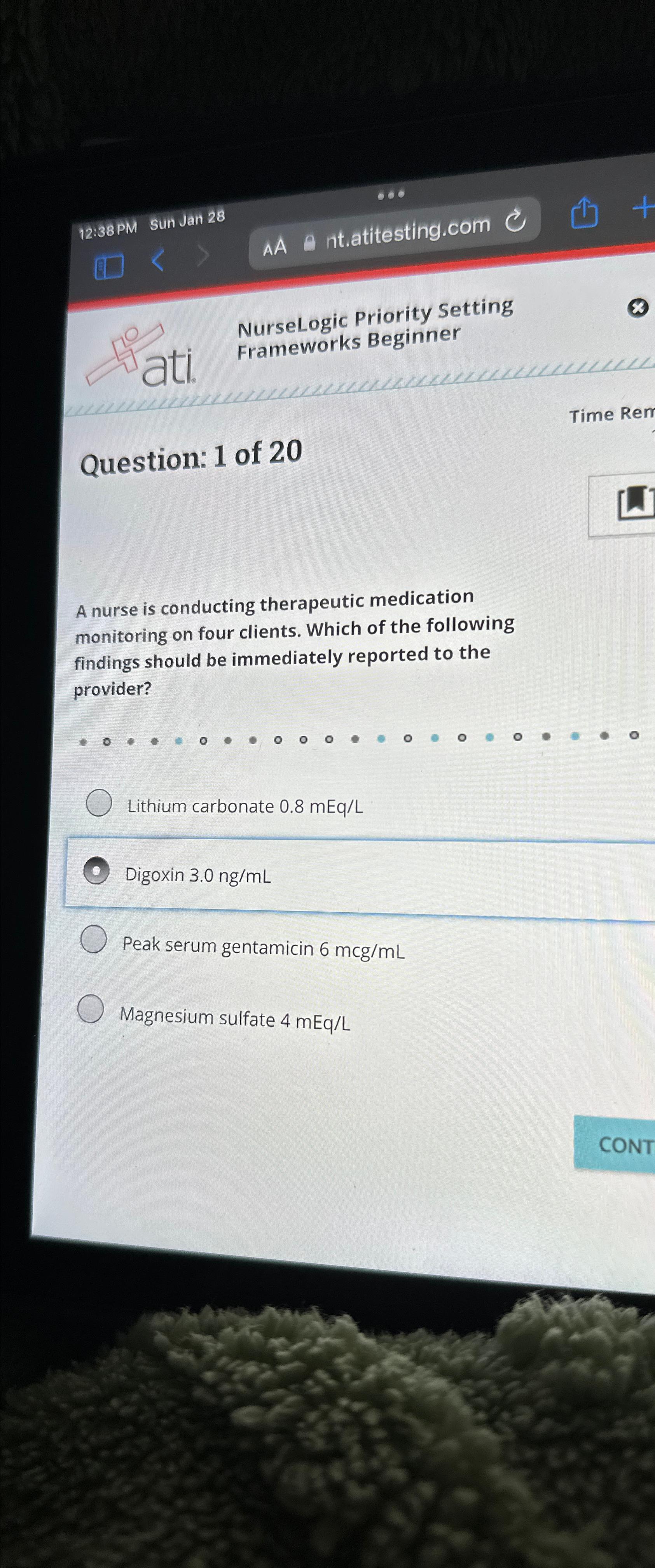 Solved 12:38 ﻿PM Sun Jan 28AA int.atitesting.comNurseLogic | Chegg.com