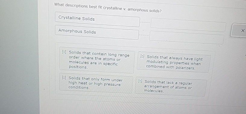 Solved What descriptions best fit crystalline v. ﻿amorphous | Chegg.com