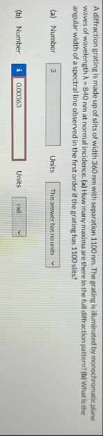 Solved A diffraction grating is made up of slits of width | Chegg.com