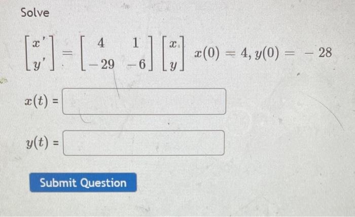 Solved Solve [x′y′]=[4−291−6][xy]x(0)=4,y(0)=−28x(t)=y(t)= | Chegg.com