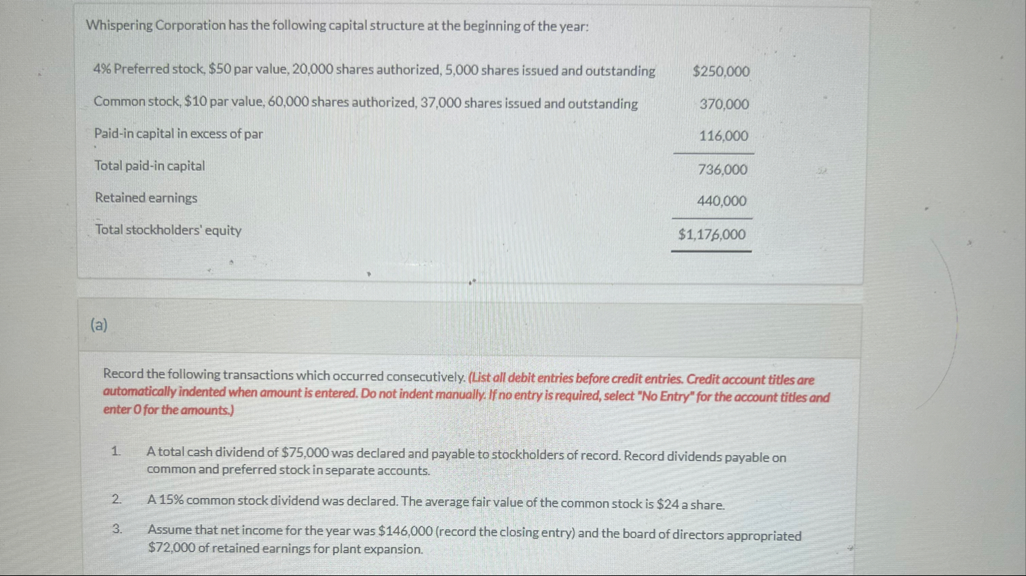 Solved Whispering Corporation has the following capital | Chegg.com