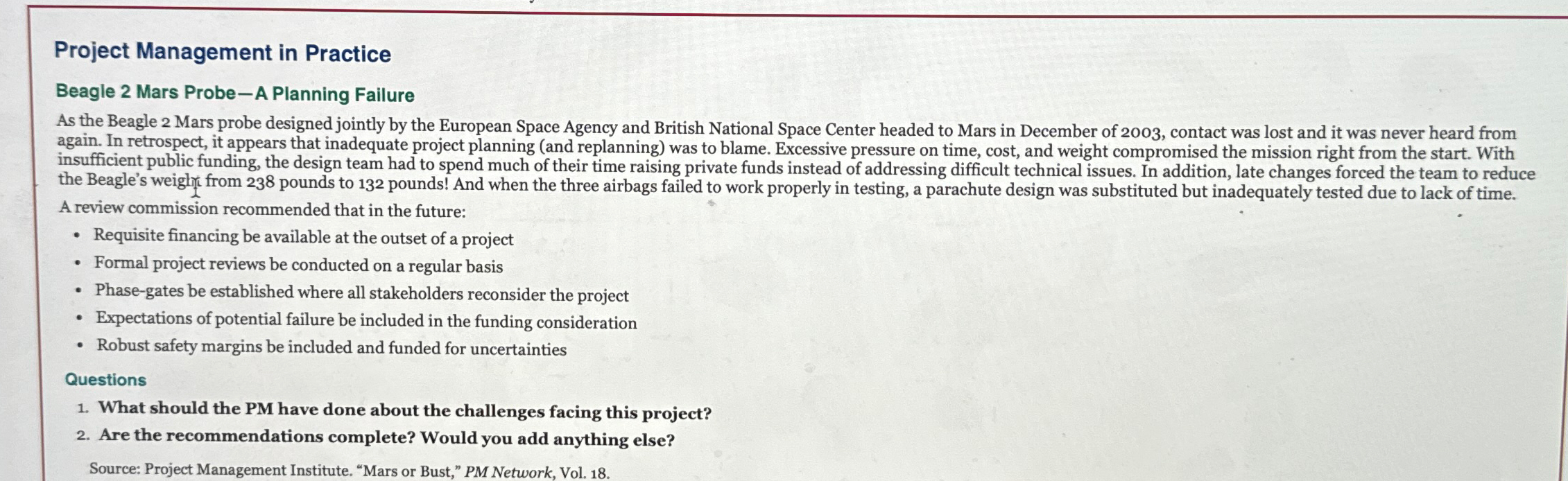 Solved Project Management in PracticeBeagle 2 ﻿Mars Probe-A | Chegg.com