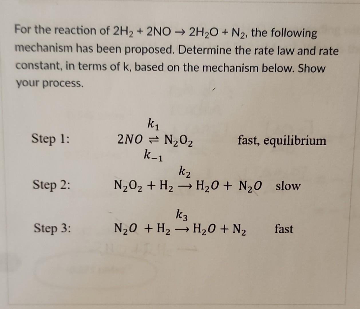 Solved For the reaction of 2H2+2NO→2H2O+N2, the following | Chegg.com