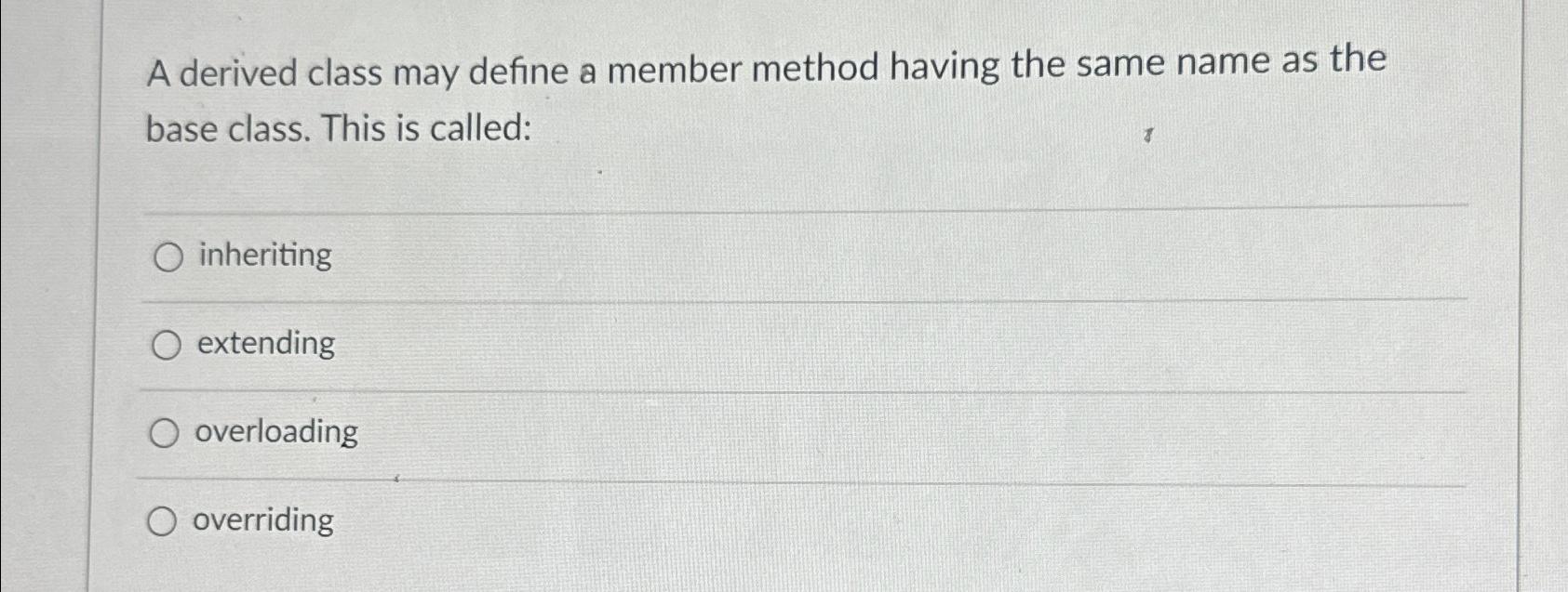 Solved A derived class may define a member method having the | Chegg.com